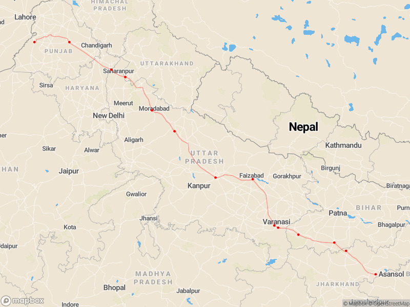 Ganga Sutlej Express Route Map - Travegeo by ShareMap